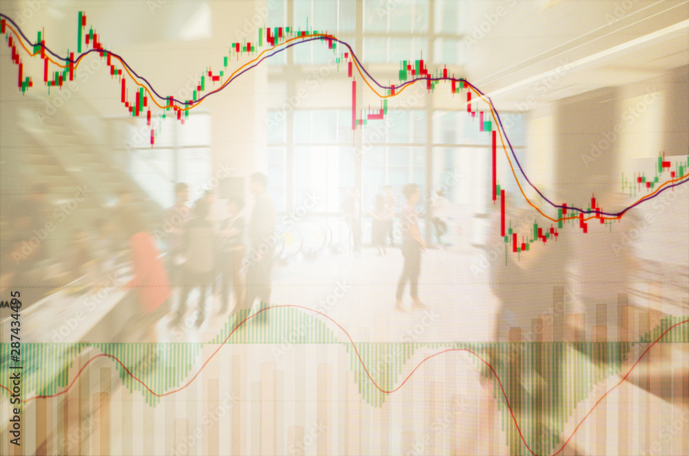 Double exposure of Stock graph chart with EMA and MACD indicators and ...