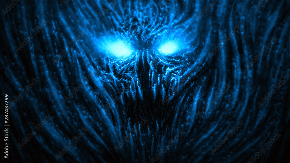Angry devil face with glowing eyes. Blue background color. Stock ...