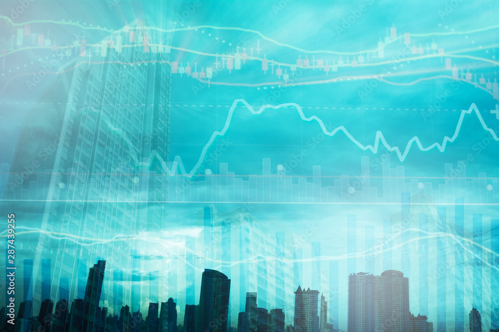 Double exposure of Stock market chart with volume and macd indicators ...