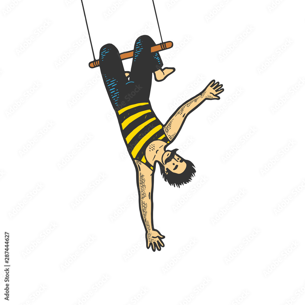 Circus acrobat hanging on trapeze performance color sketch line art ... Circus acrobat hanging on trapeze performance color sketch line art ...