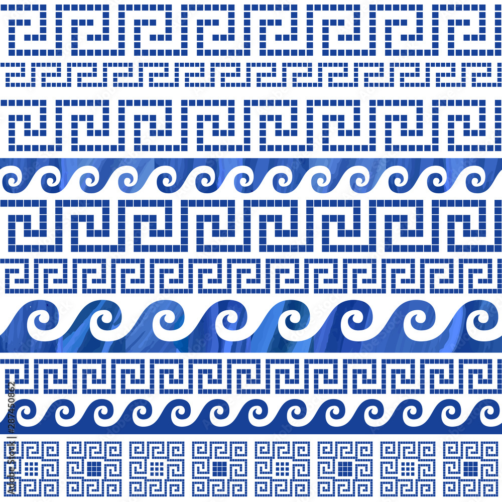 Dark blue Greek meander ornaments on a white background. Baroque silk ...