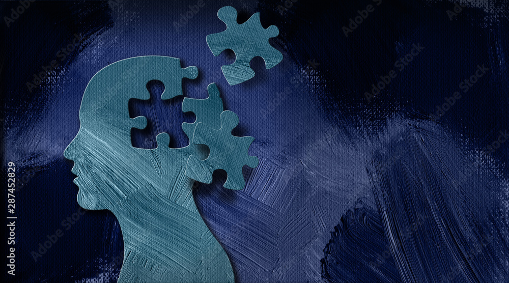 Graphic abstract of dysfunctional mind with iconic puzzle pieces ...
