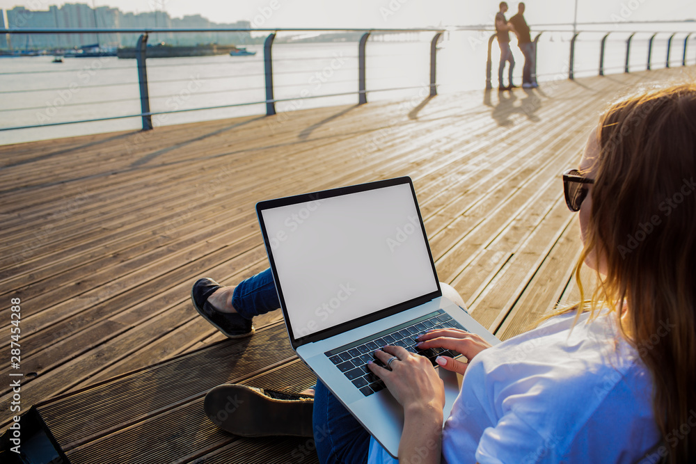 Woman skilled copywriter keyboarding on contemporary laptop computer with empty screen ...