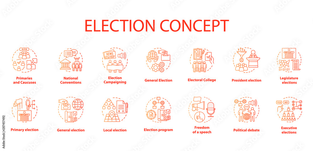 Election concept icons set. Political campaign and propaganda idea thin ...