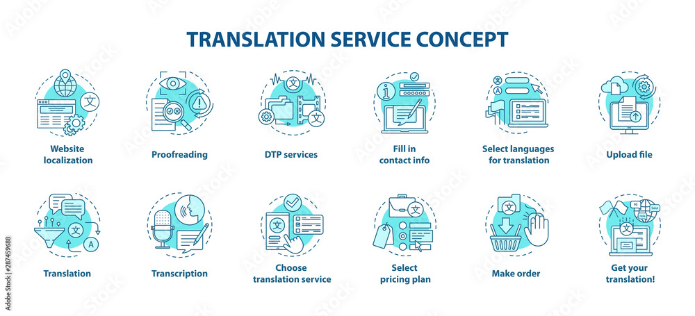 Translation service blue concept icons set. Foreign language ...