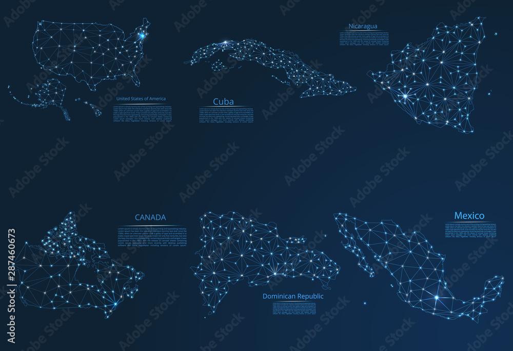 Plakat Map of communication networks of 6 countries in North America. A ...