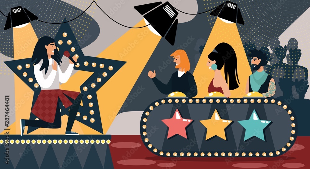 Talent Show Vector Illustration. Cartoon Boy Holding Microphone in Hand ...