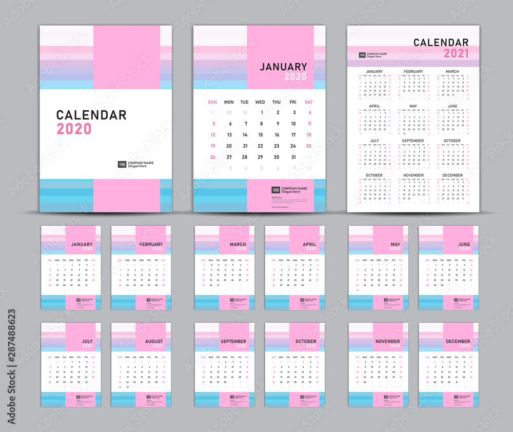 Set Desk Calendar 2020 template vector, pastel concept, Calendar 2021 ...