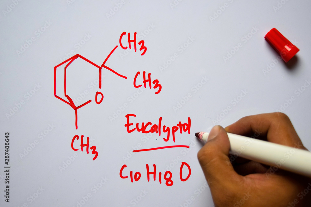 Eucalyptol (C10,H18,O) molecule written on the white board. Structural ...