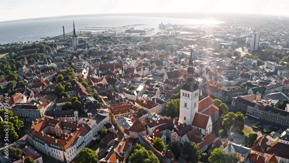 Tallinn, Estonia: morning drone panorama view of old town with seaport ...