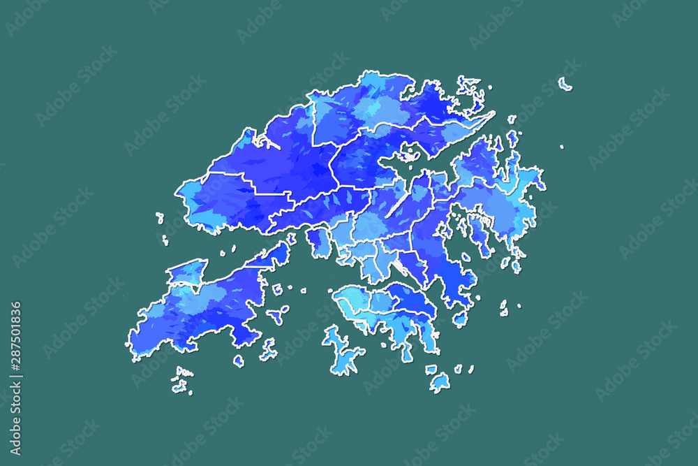 Hong Kong watercolor map vector illustration of blue color with border ...