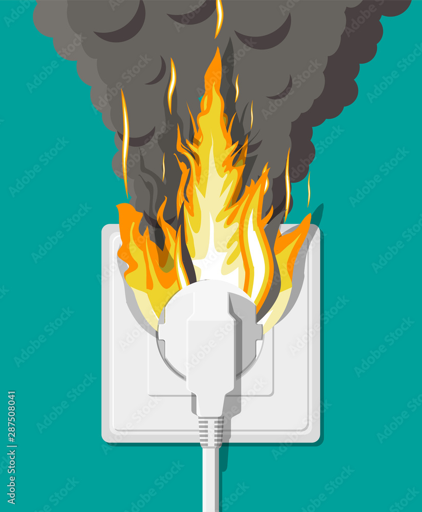 Electrical outlet with plug on fire. Overload of network. Short circuit ...