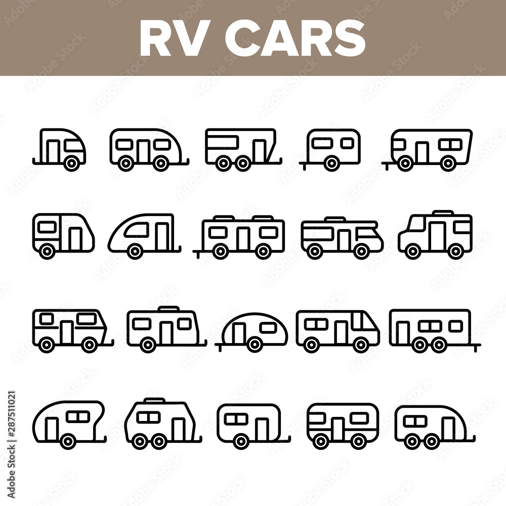 Collection Rv Camper Cars Vehicle Icons Set Vector Thin Line. Different ...