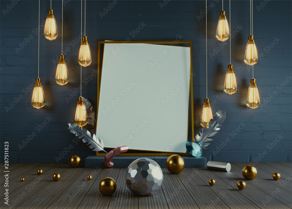 3d render of light square shape frame set in wall and floor. Decoration ...