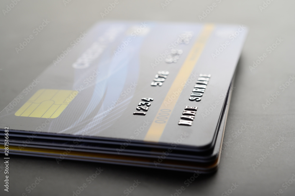 Credit cards that are stacked neatly together,selective focus Stock ...