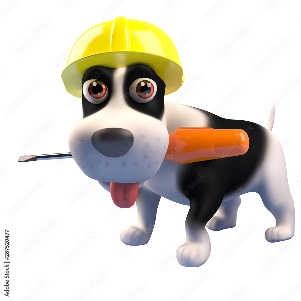 3d cute puppy dog wearing a safety hard hat and holding a screwdriver ...