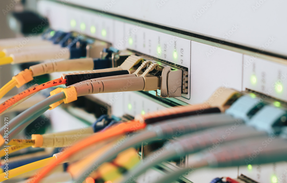 Telecommunications cables are connected to the main server. Internet ...