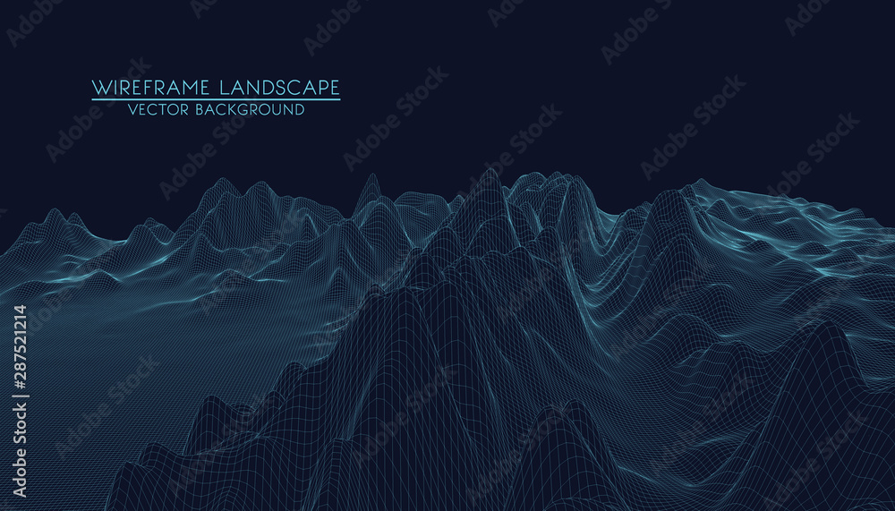 Abstract digital landscape with particles dots and stars on horizon ...