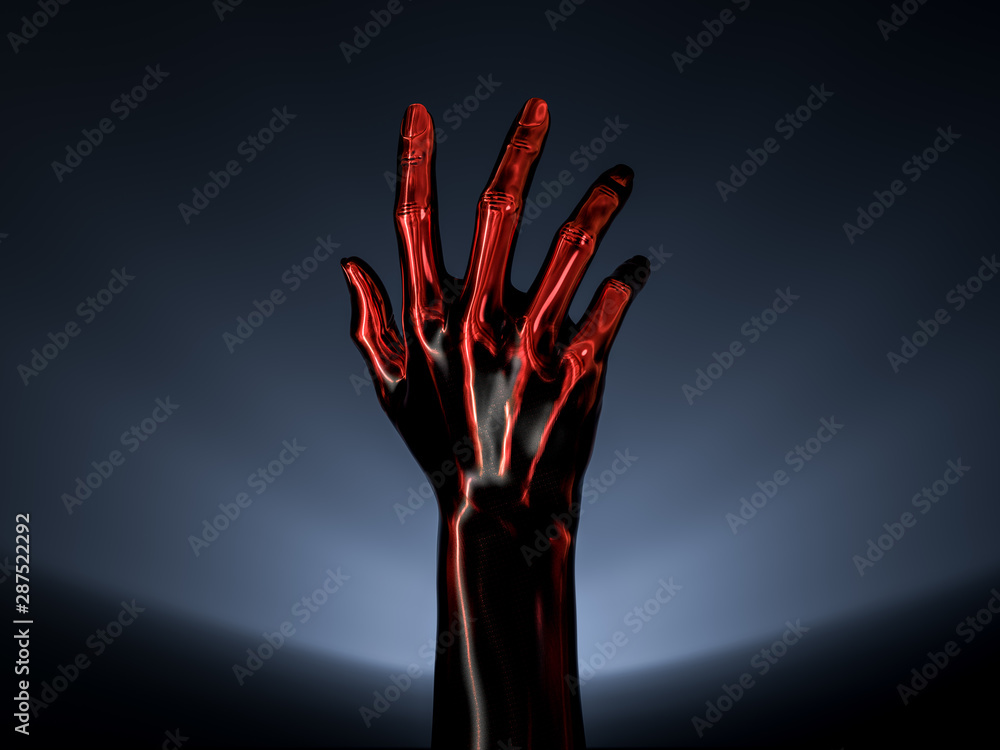 Halloween party concept template, scary black and red metal hand rising ...