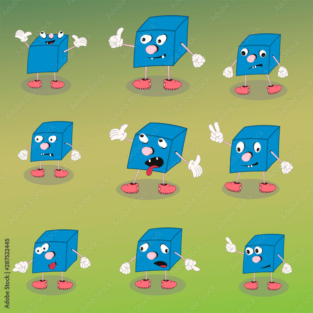 Set of vector cartoon characters blue cube shows different emotions on ...