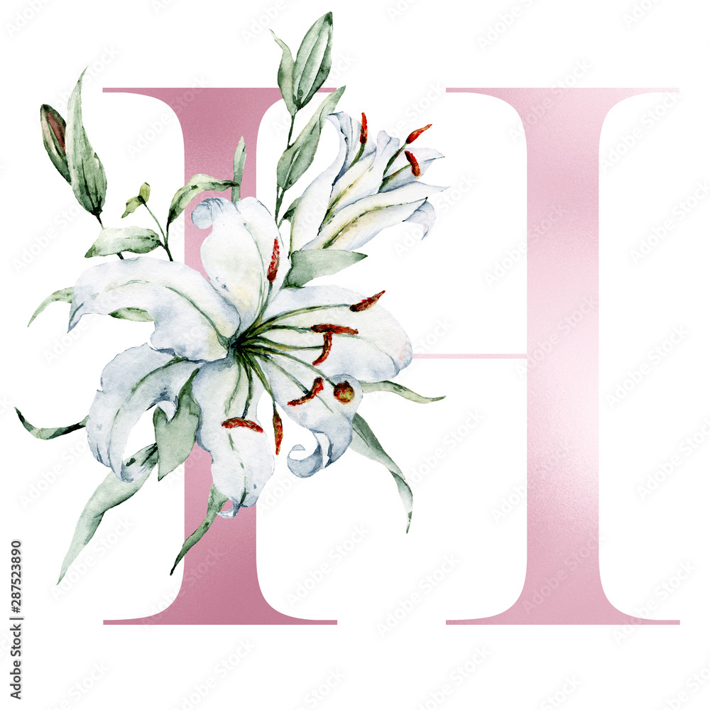 Letter H with watercolor flowers lilies and leaves. Floral alphabet ...