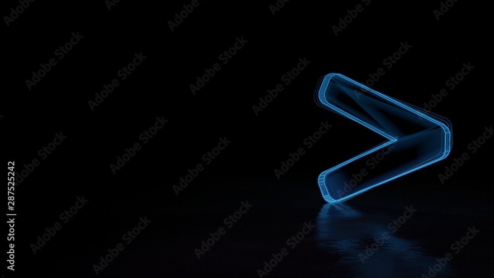 3d glowing wireframe symbol of symbol of greater than isolated on black ...