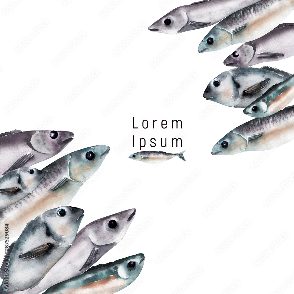 Watercolor background with different fish Stock Illustration | Adobe Stock