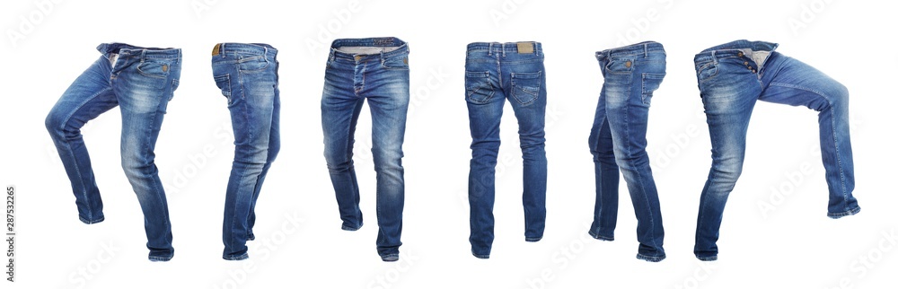 Set of empty blank jeans pants in different poses isolated on a white ...
