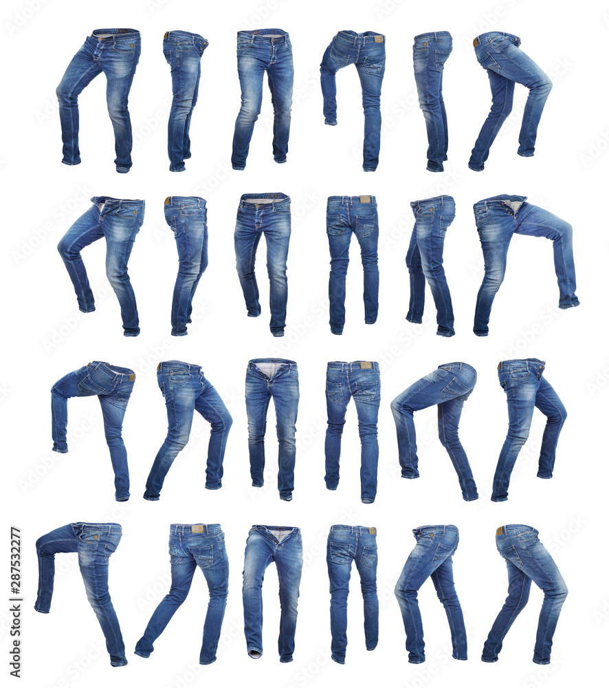 Set of empty blank jeans pants in different poses isolated on a white ...