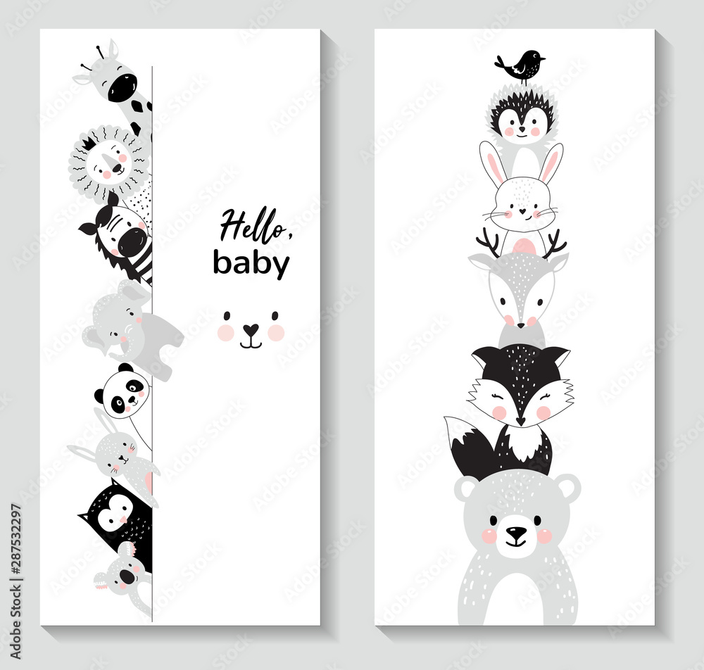 Vertical banner set with cute animals, vector illustration for nursery ...