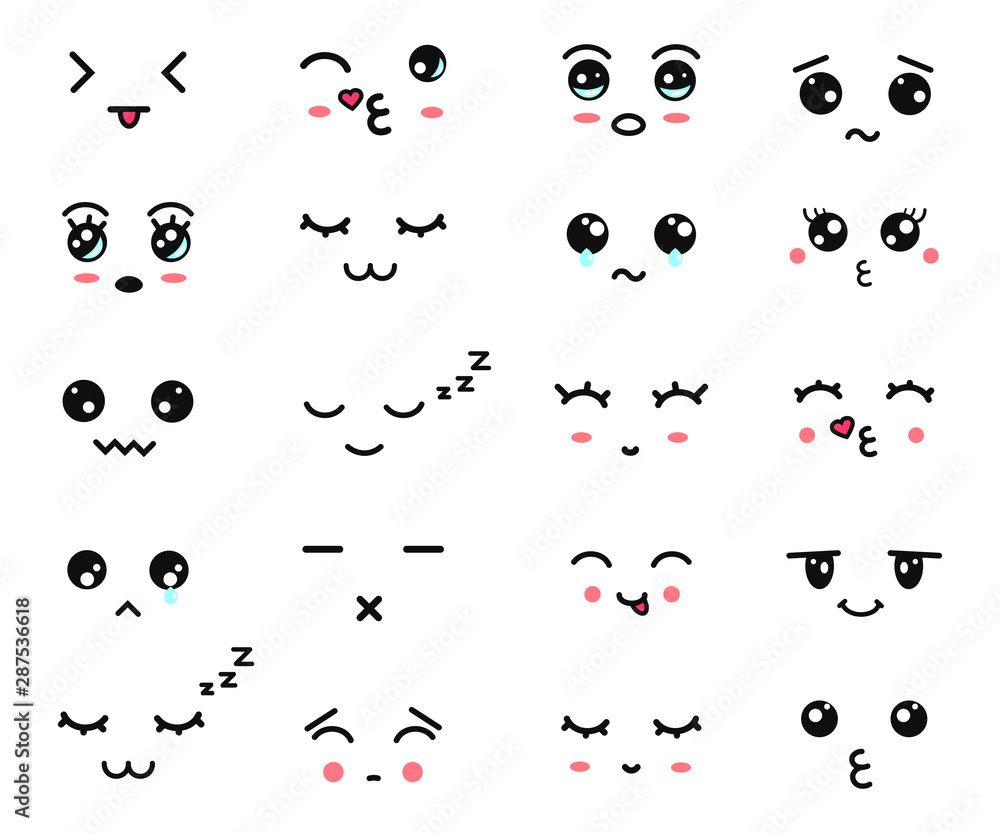 Kawaii cute faces. Manga style eyes and mouths. Funny cartoon japanese ...