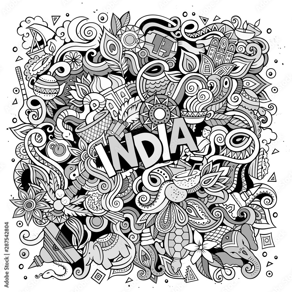 Cartoon cute doodles hand drawn India illustration Stock Illustration ...