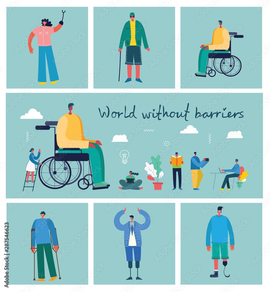 Vector background with disabled people, young handycap persons and ...