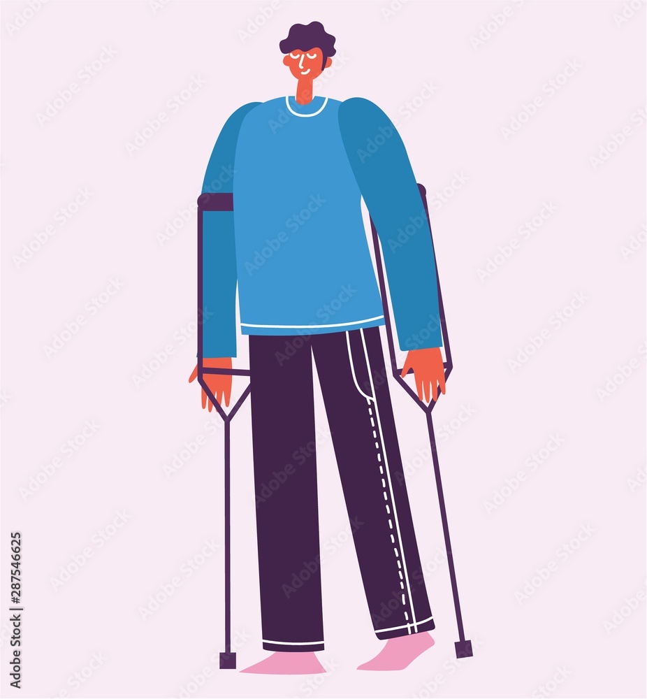 Vector background with disabled young man. Flat cartoon characters ...