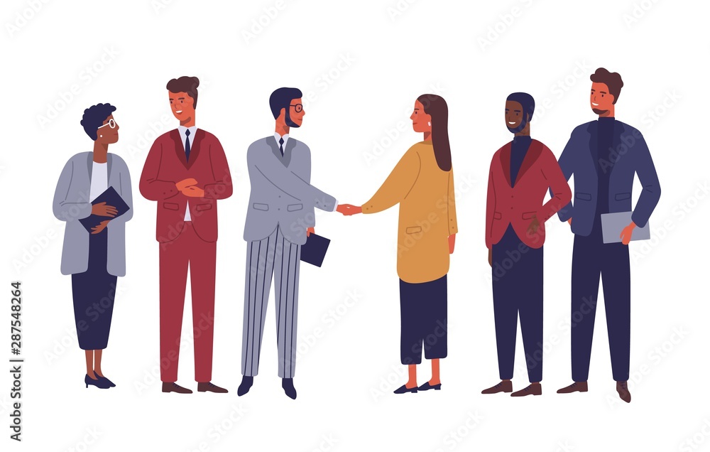 Businessman and businesswoman shaking hands flat vector characters ...