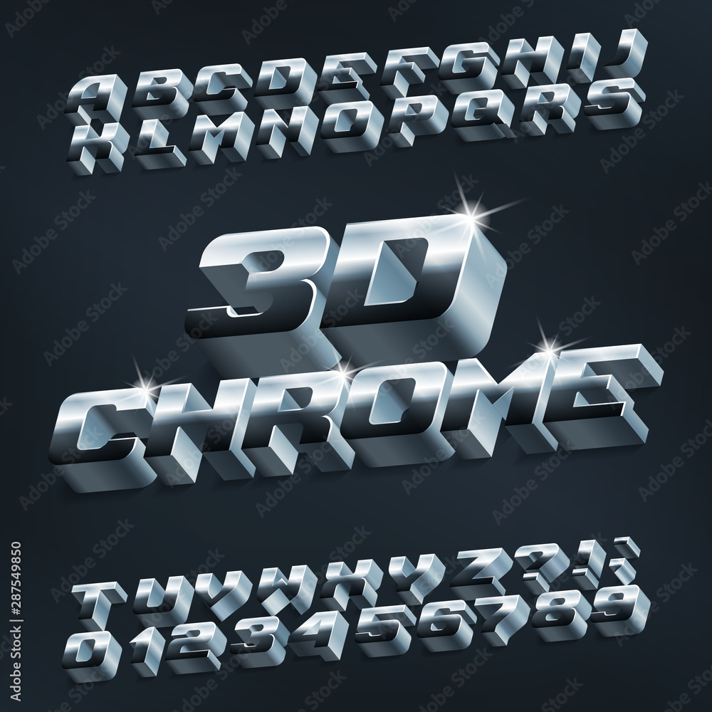 3D chrome alphabet font. Metallic letters and numbers with shadow ...