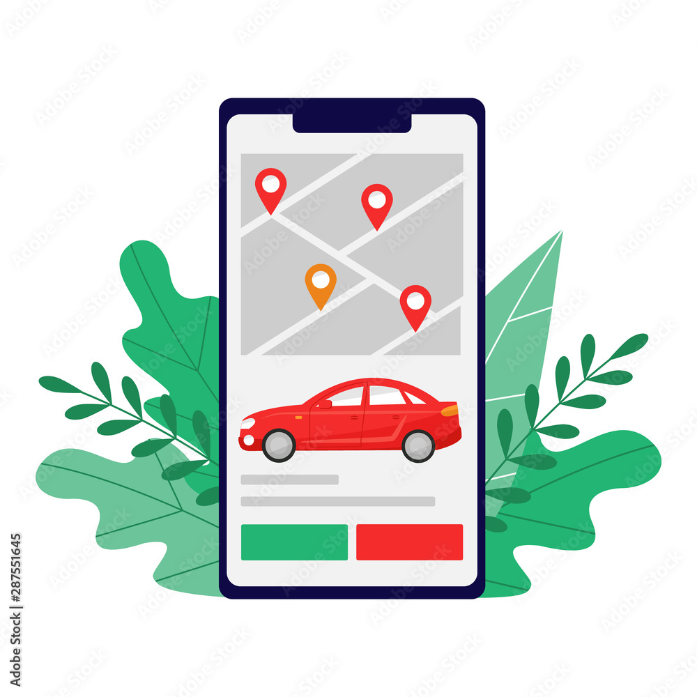 Smart city transportation vector illustration concept, Online red car ...
