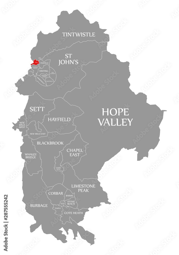 Hadfield North red highlighted in map of High Peak district in East ...