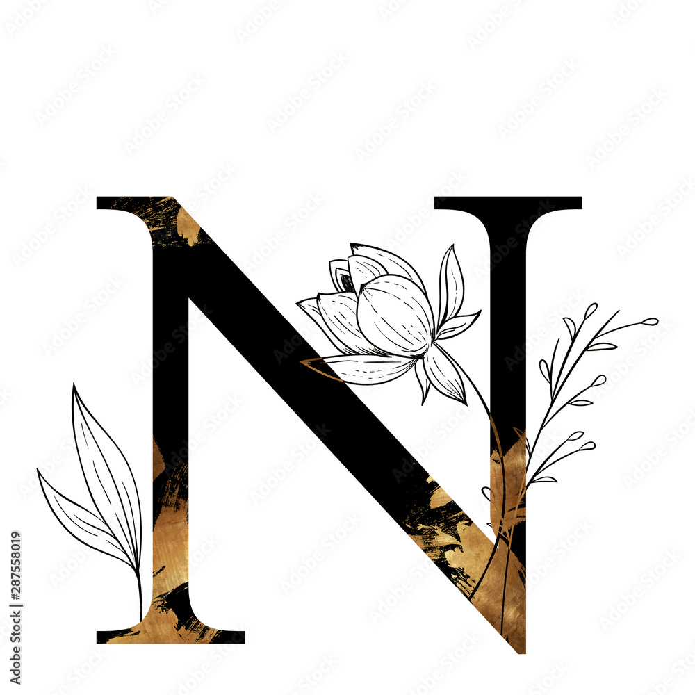 Graceful nautical font with golden texture, flowers and sea elements ...