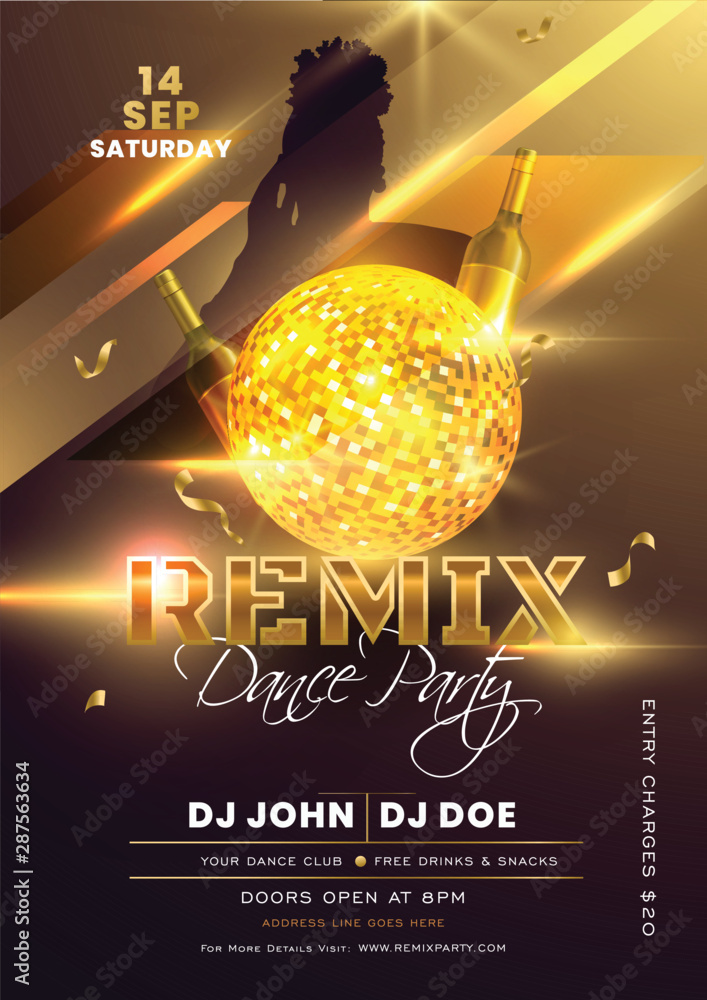 Remix Dance Party invitation card design with golden shiny disco ball ...