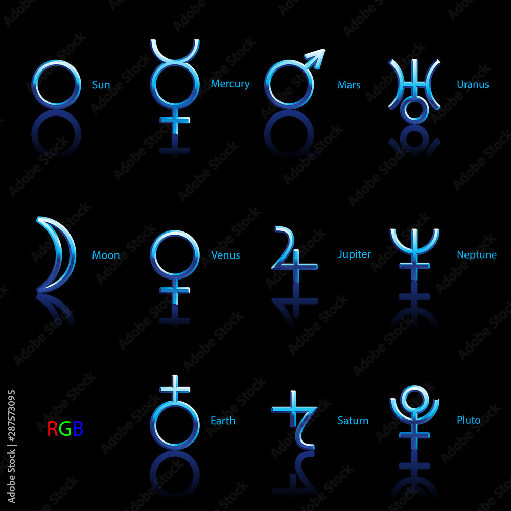 Collection of Astrological Planets Symbols on a Black Background. Signs ...