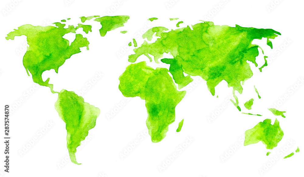 Watercolor paint green world map isolated on white for Your design ...