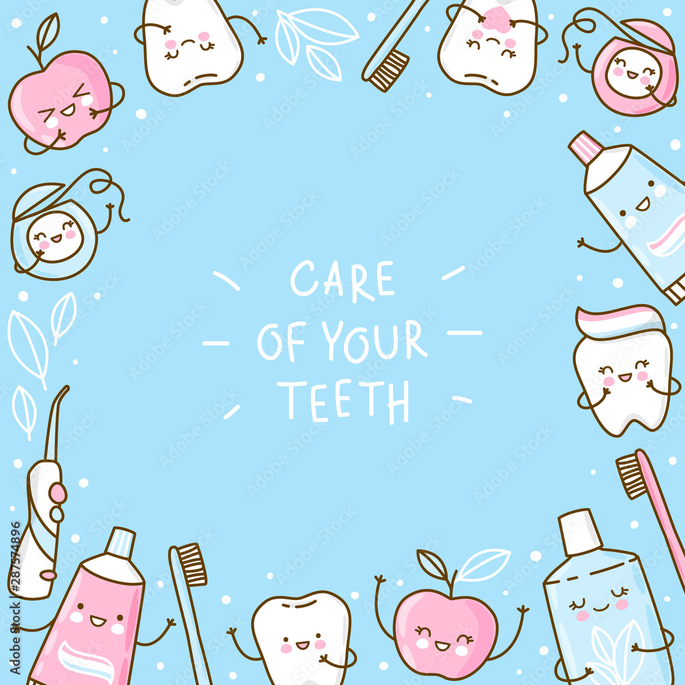 Cute frame with teeth and objects for dental care on blue background ...