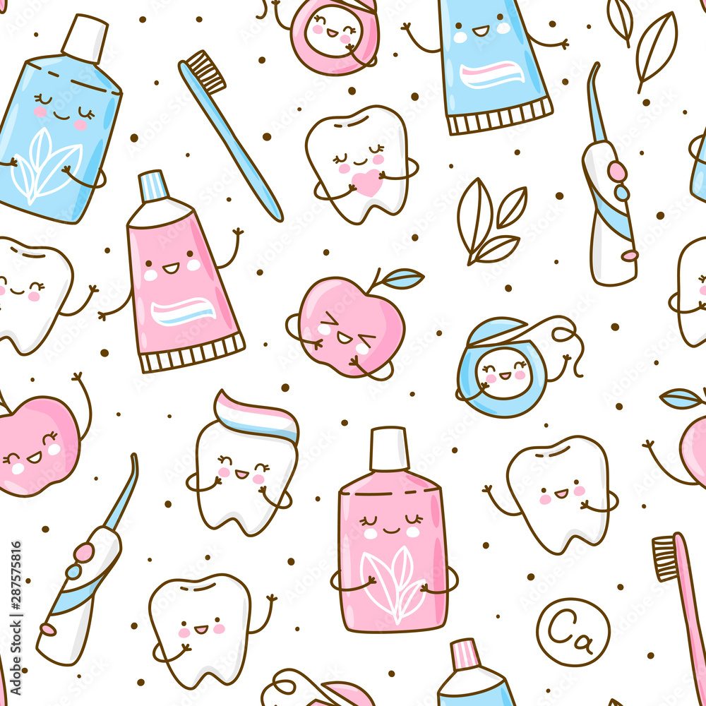 Set of cute objects for dental care isolated on white - funny ...