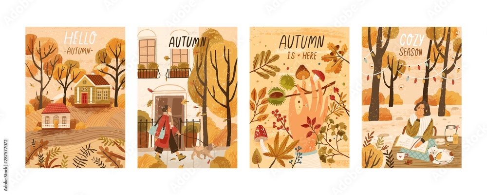 Autumn mood hand drawn poster templates set. Fall season nature flat ...