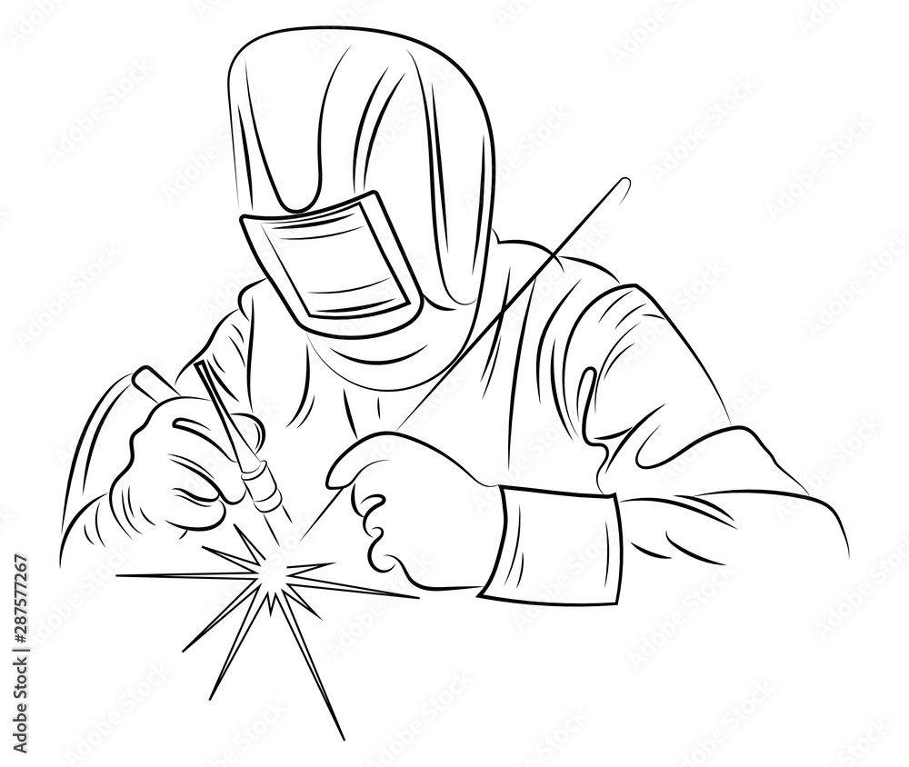 Welder welds metal. Black and white illustration of a welder in work ...