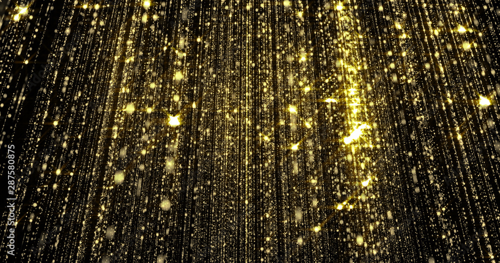 Golden glitter falling particles, sparkling light flow curtain ...
