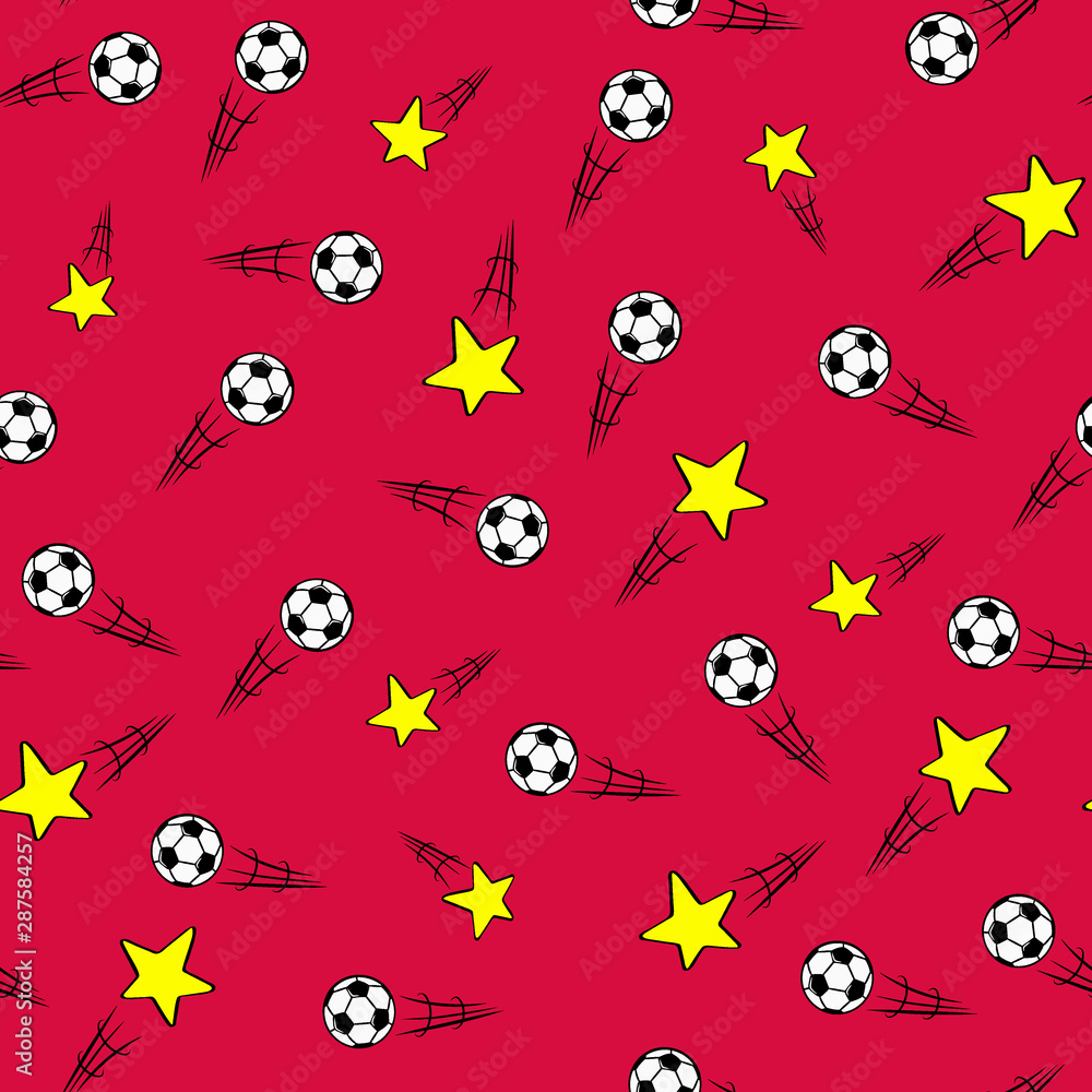 Seamless texture. Red background. Soccer balls and shooting stars with ...