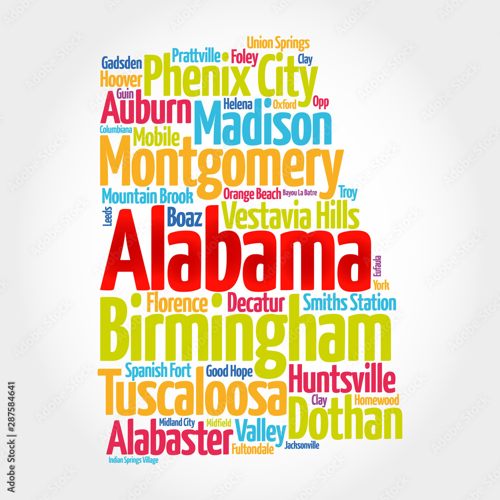 List of cities in Alabama USA state, map silhouette word cloud map ...