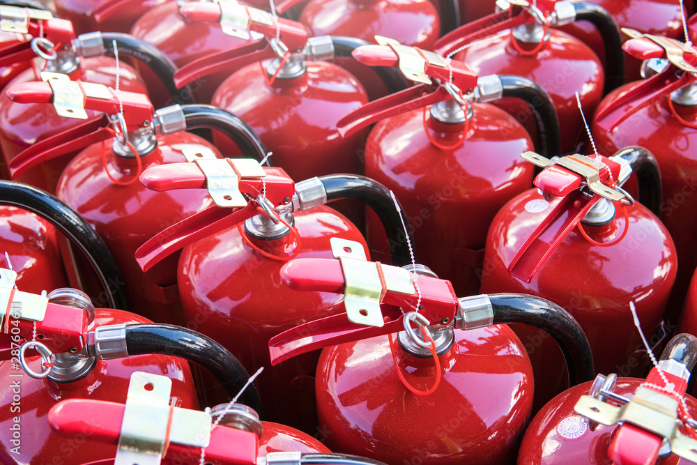 Fire extinguisher pattern background. Red metal safety emergency ...